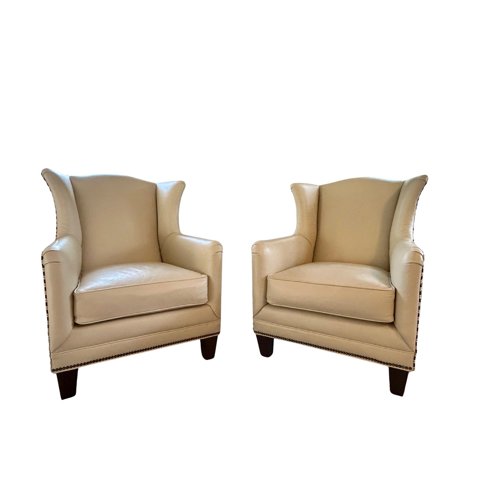Pair of Vintage Henredon Wingback Chairs – Ivory Leather, Geometric ...