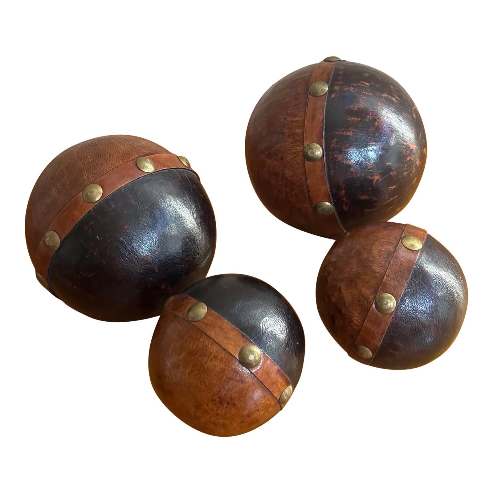 Late 20th Century Brass Studded Leather Clad Wood Decorative Balls ...
