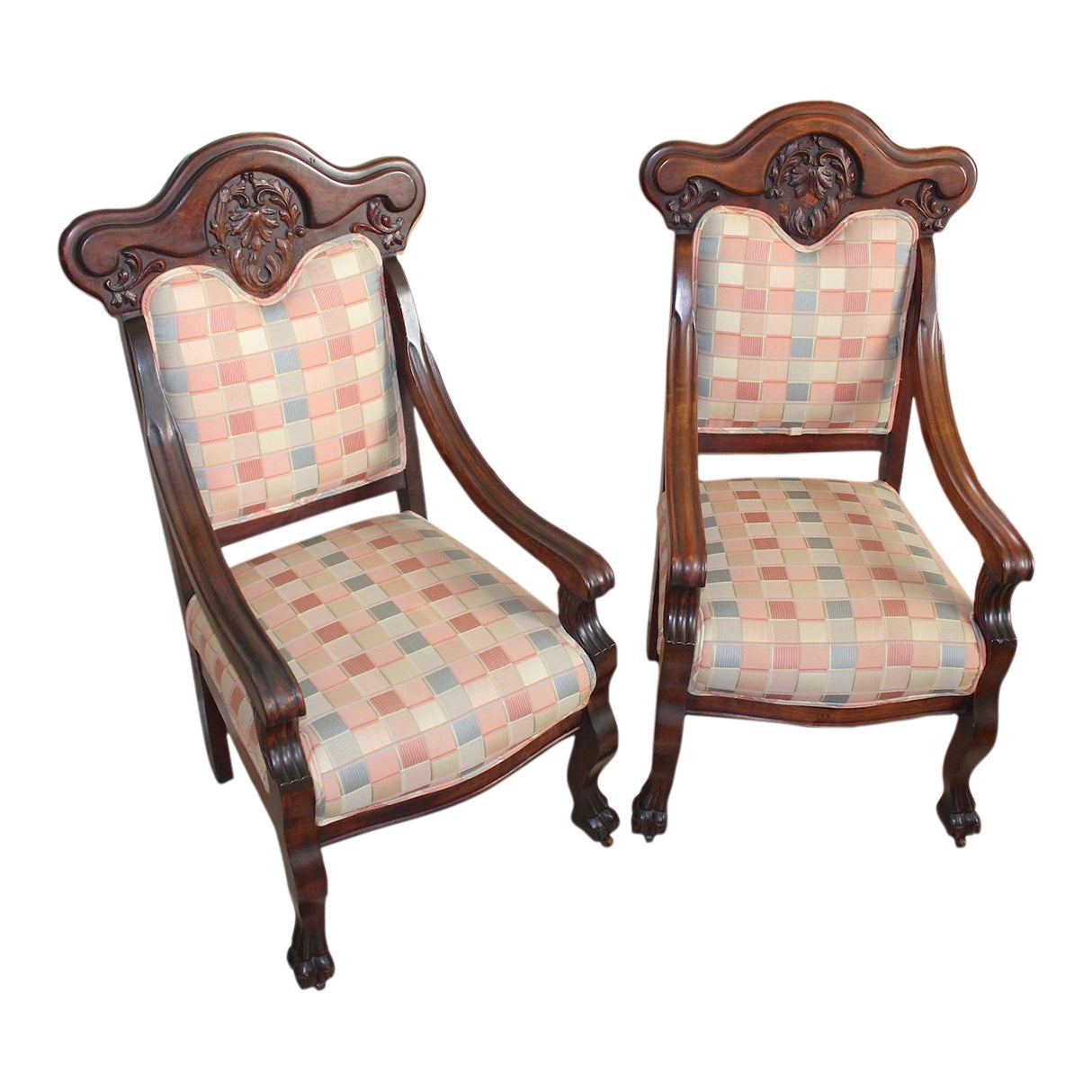 Antique 19th Century Upholstered Throne Chair With Claw Feet & Casters ...