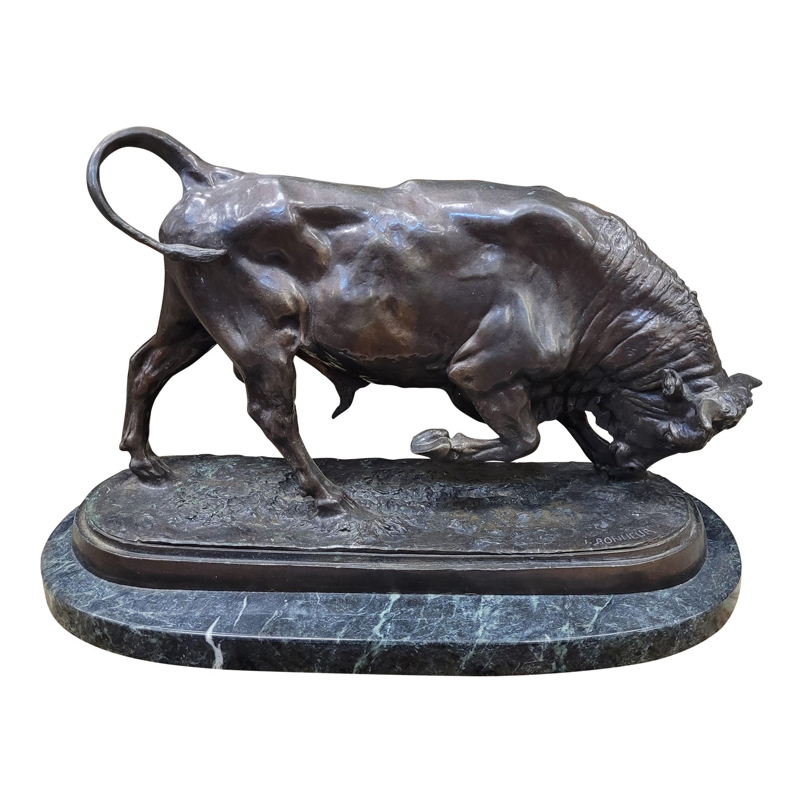 Vintage Signed Bronze Sculpture of a Bull | Chairish