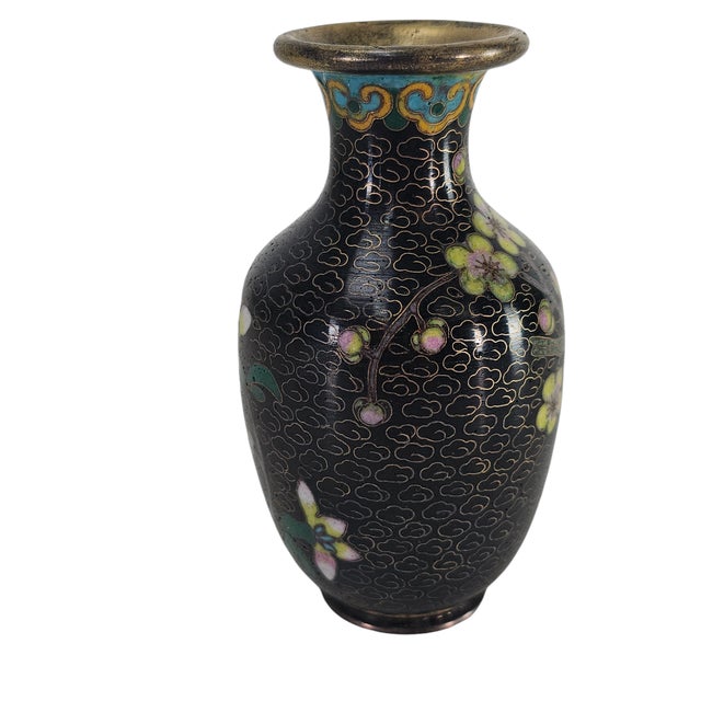 Chinese Cloisonné Black Floral Vase 4.5" | Chairish