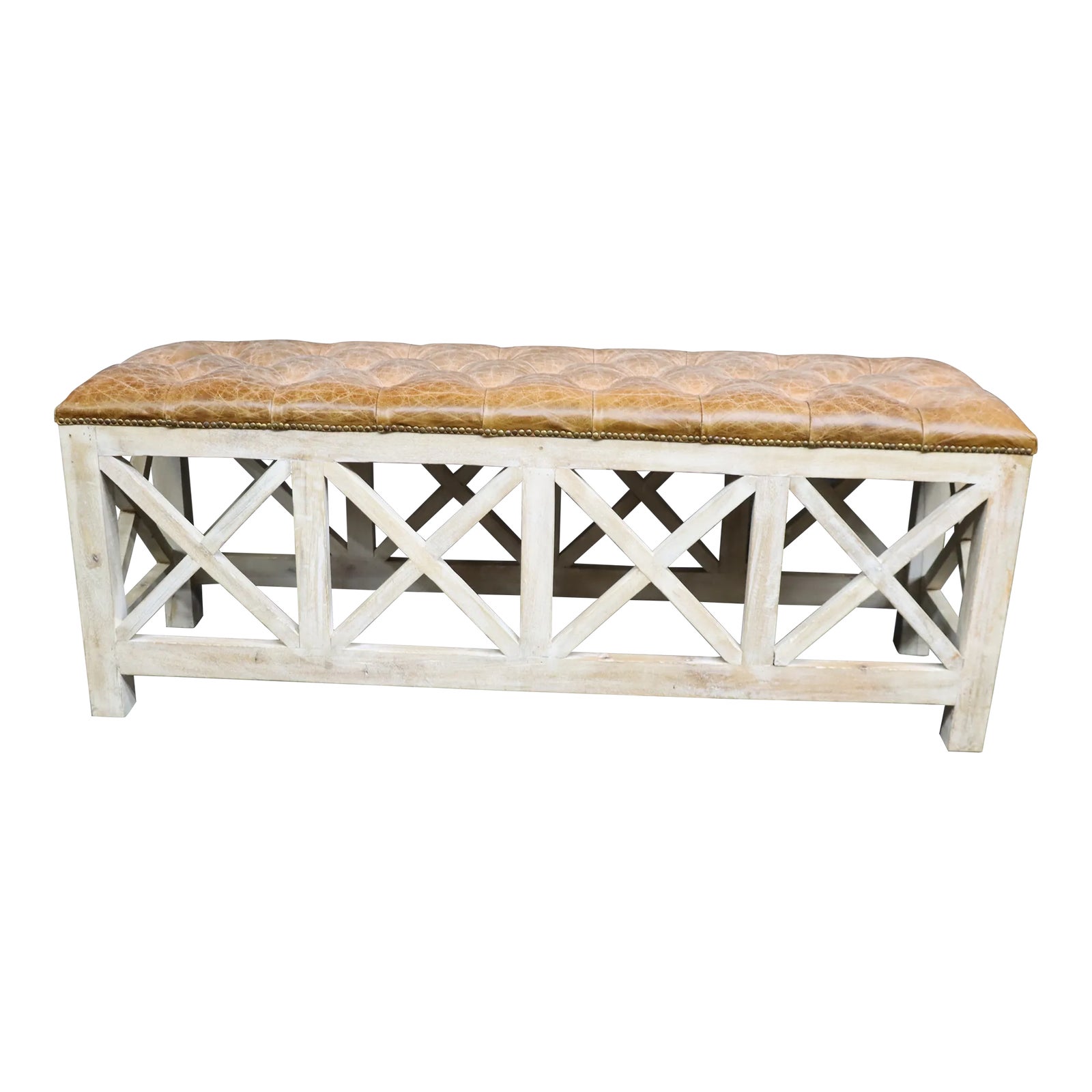 Pine Whitewashed Leather Tufted Bench | Chairish
