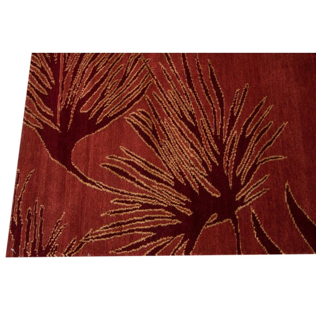 Modern Tibetan Handmade Maroon Wool & Silk Rug With Floral Design ...