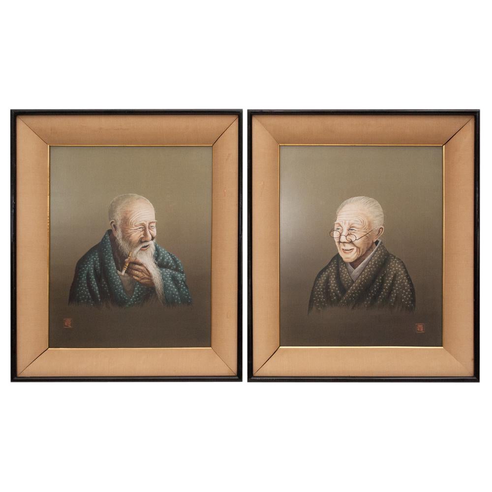 C. 1940s Japanese Silk Embroidery Portraits - Pair | Chairish