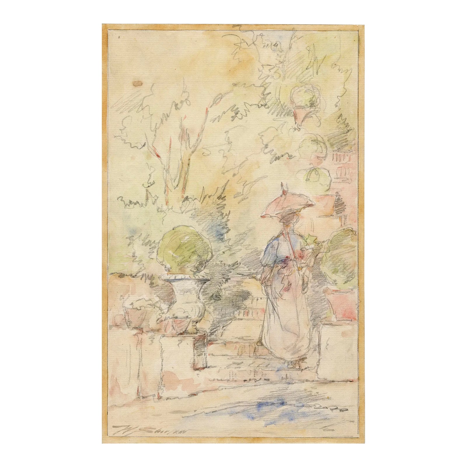 Walter Shirlaw Impressionist Figure in Garden Watercolor | Chairish