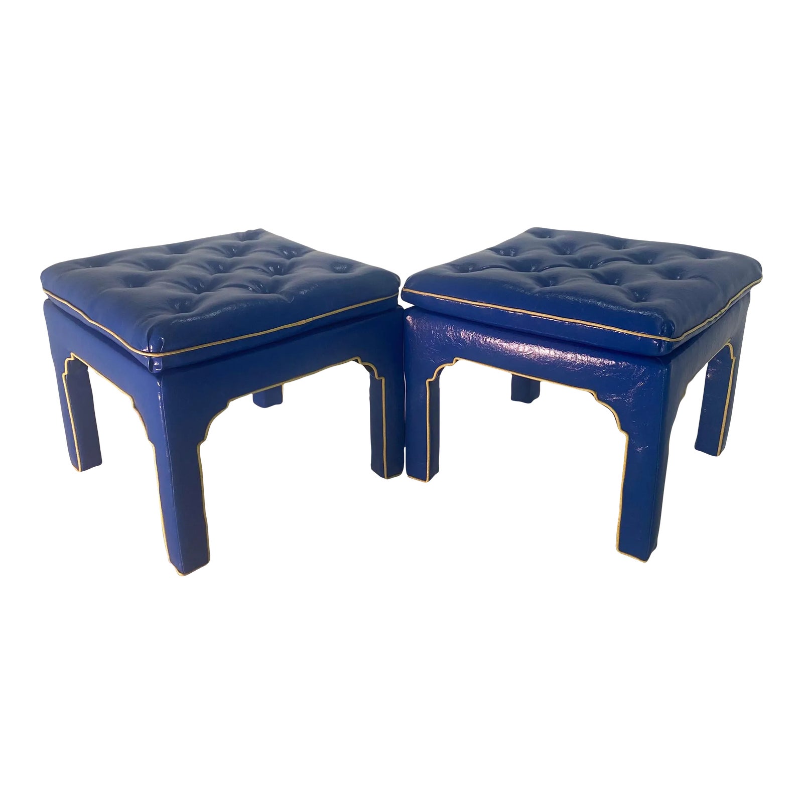 1970s Blue Vinyl Pillow Top Ottomans - Set of Two | Chairish