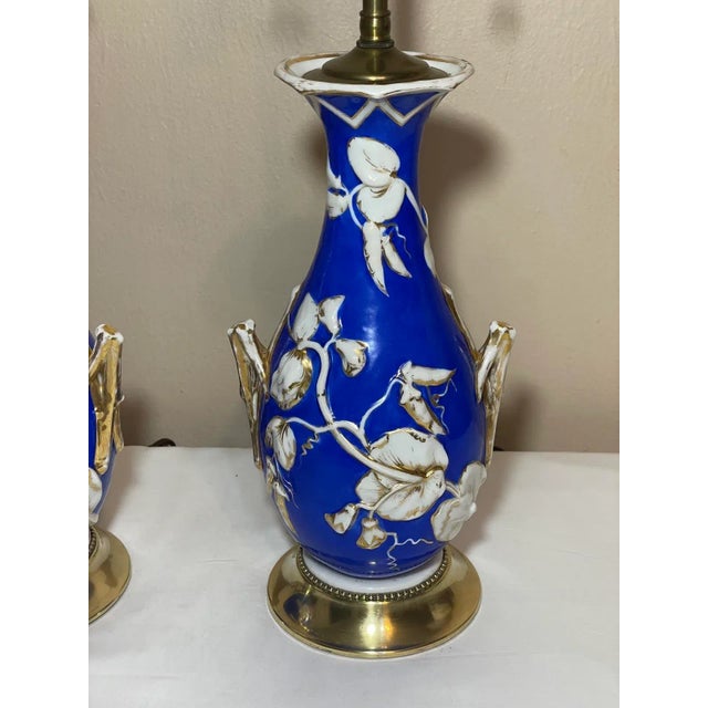 Pair 1940s European Porcelain Royal Blue Lamps Raised Floral & Vines ...