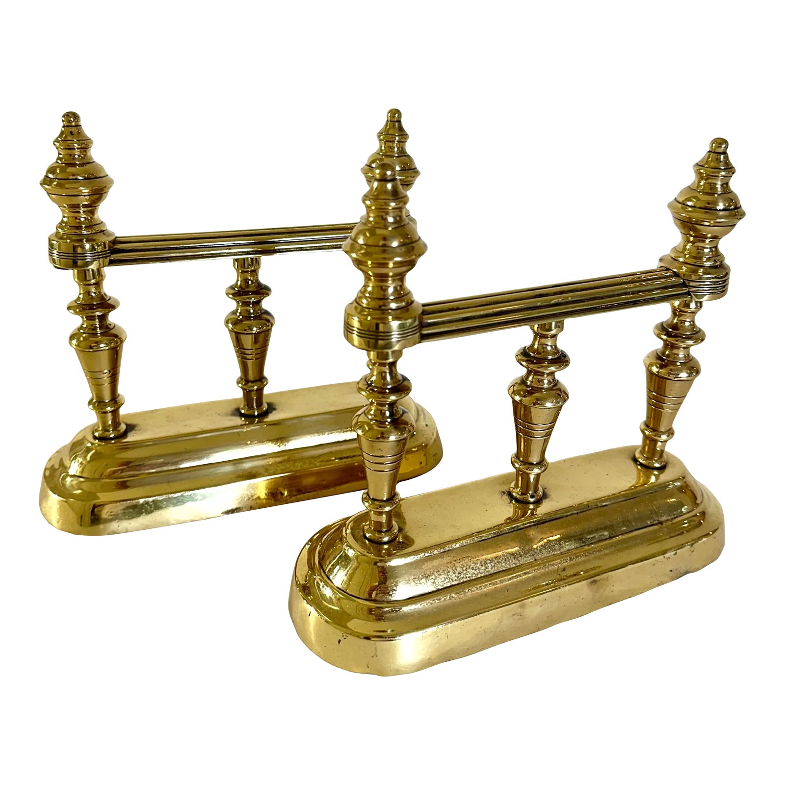 Pair of Victorian British Decorative Turned Brass Fire Dogs | Chairish