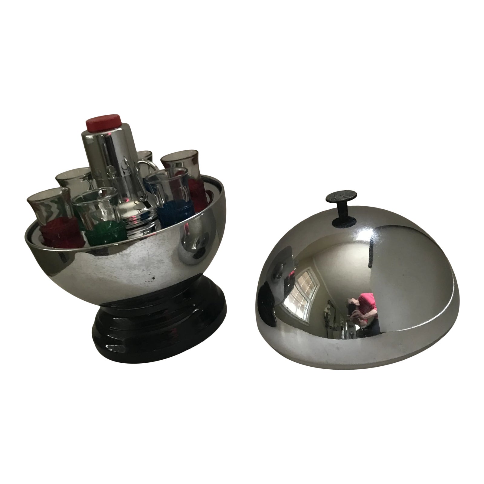 Mid 20th Century Revolving Liquor Server & 6 Multicolored Glasses ...