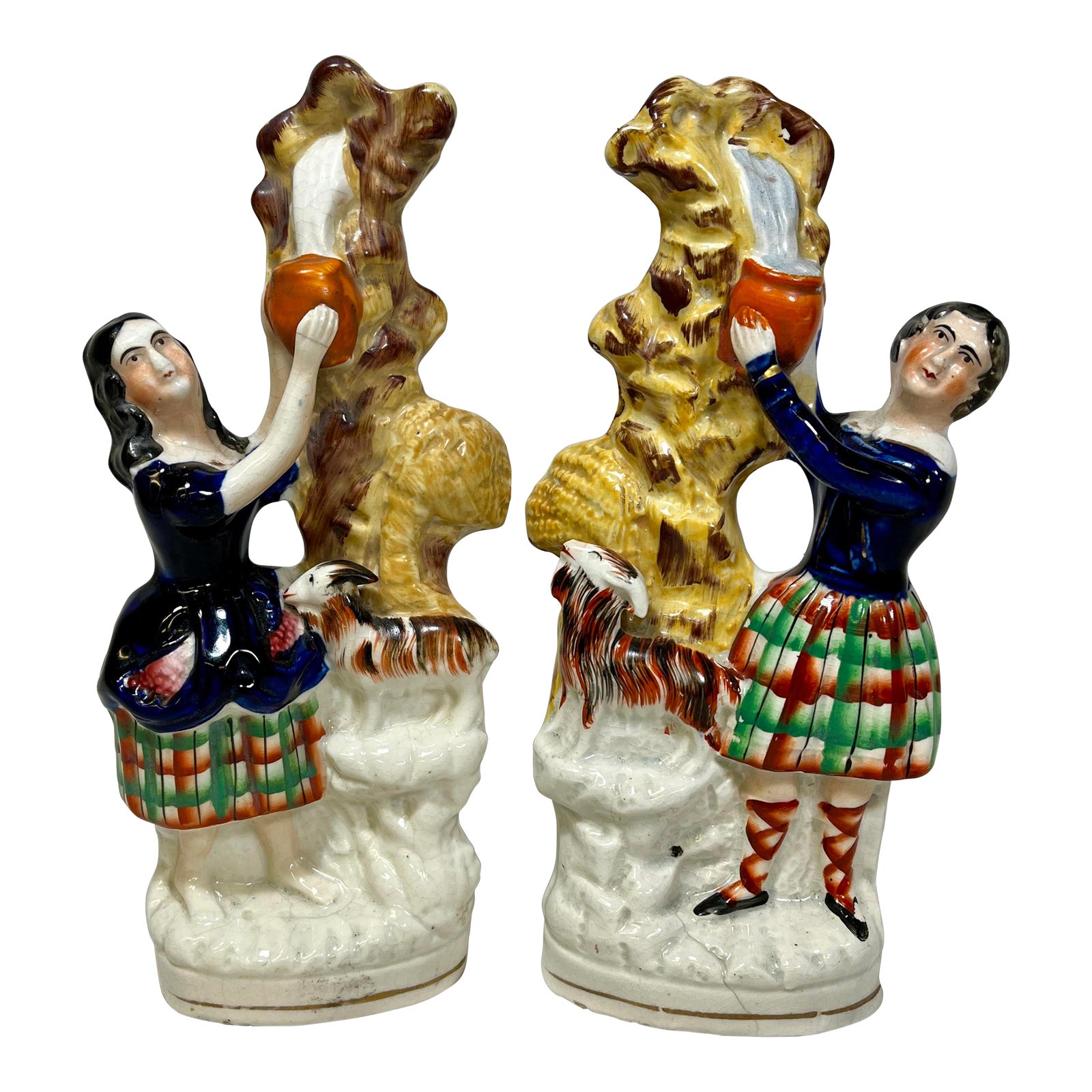 Antique Pair of Staffordshire Scottish Boy & Girl Goat Herder Figurines ...