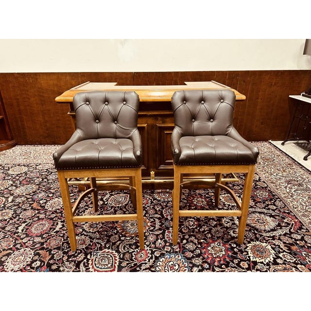Vintage English Bar Counter with Bar Stools | Chairish