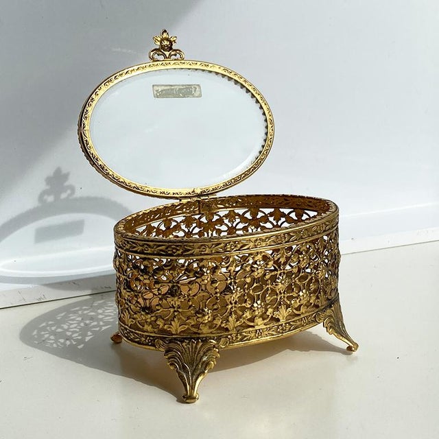 Oval 24k Gold Plated Pierced Glass Footed Jewelry Box With Lid | Chairish