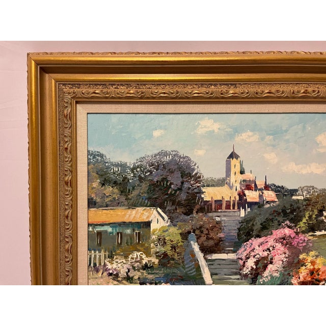 Quaint Village Landscape Original Oil Painting on Canvas Signed by Ming Feng, Framed | Chairish