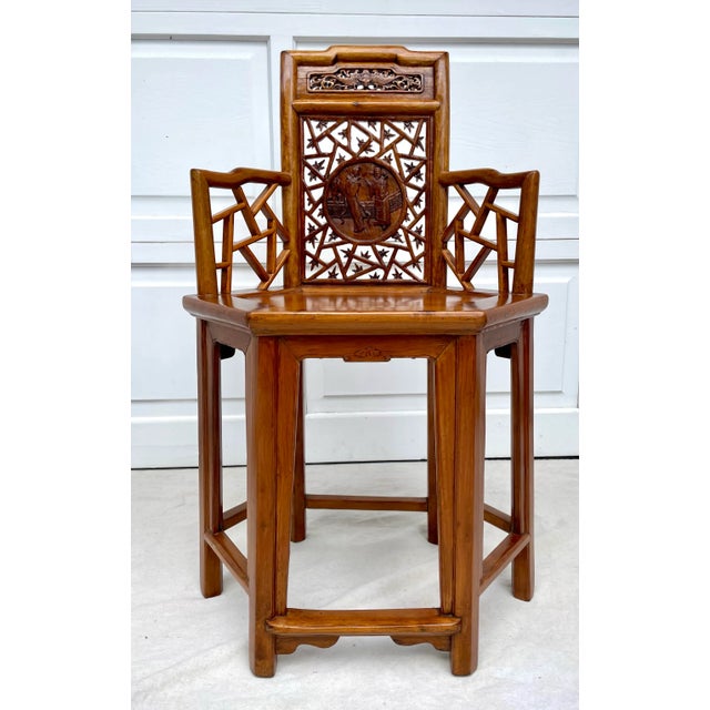 Vintage Asian Carved Wood Fretwork Hexagon Armchair | Chairish