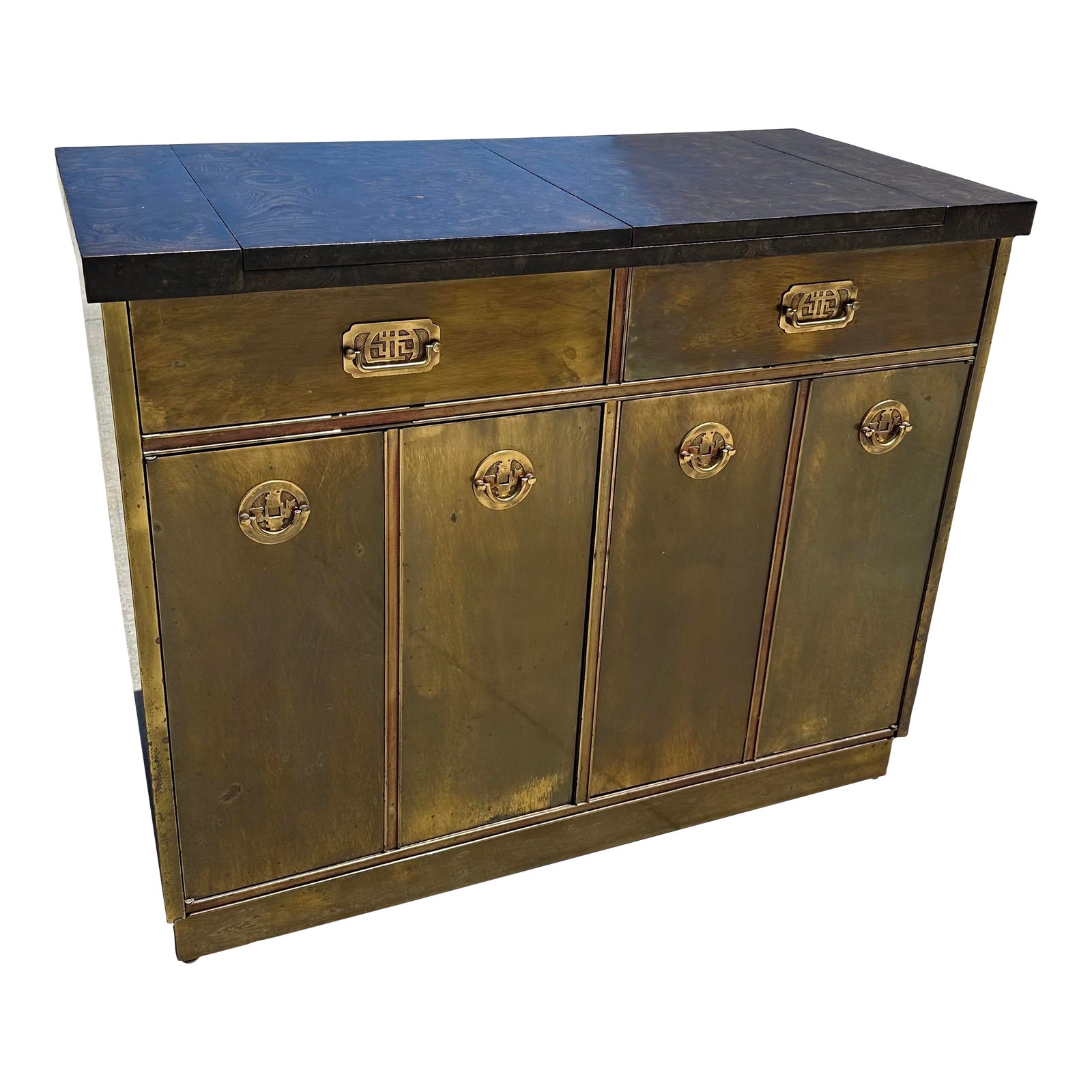 Mastercraft Brass and Burlwood Bar Serving Cabinet | Chairish