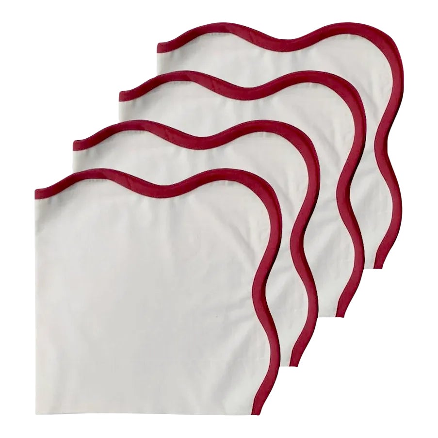Handmade Scalloped Napkins, White with Red Piping - Set of 4 | Chairish