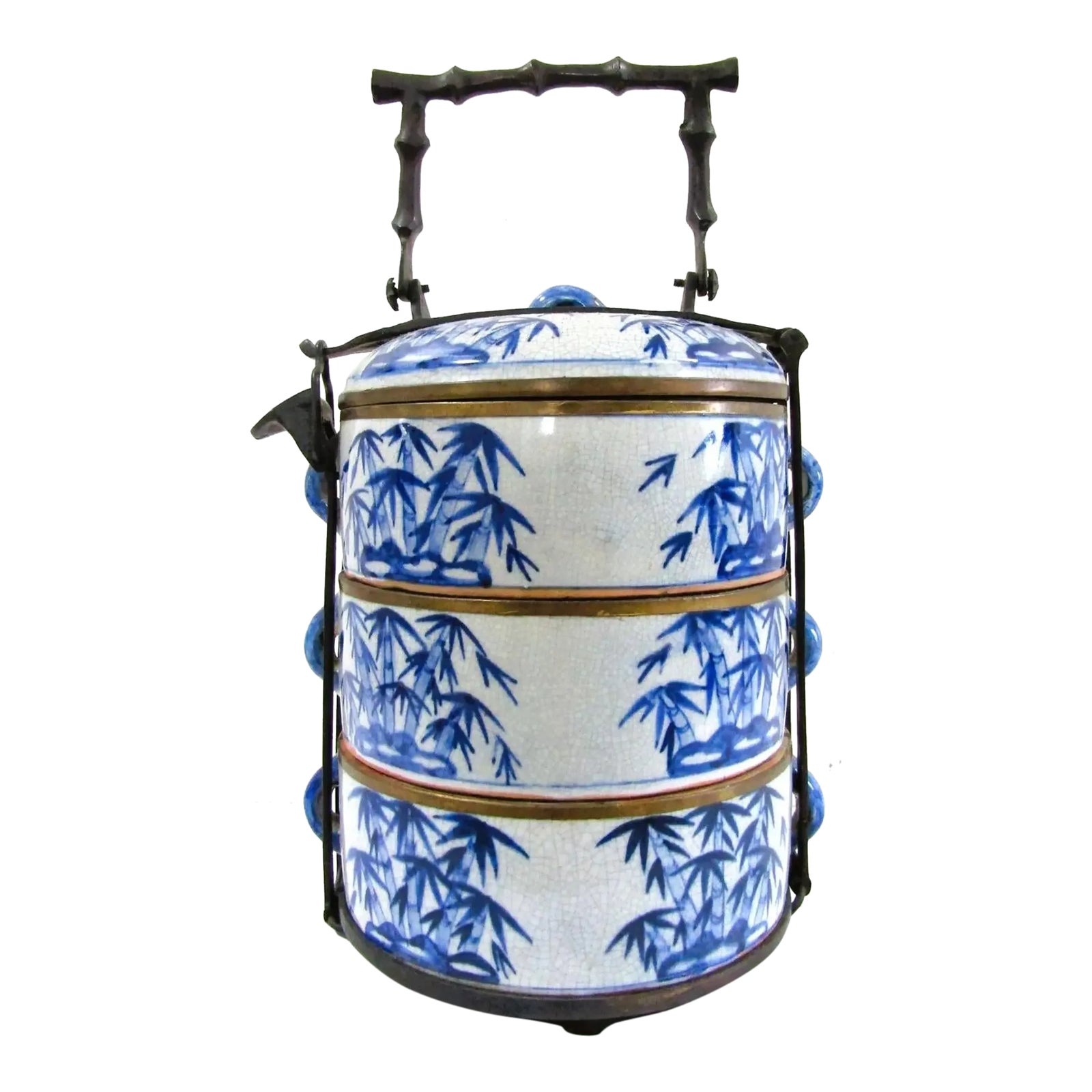 Antique Chinese Blue and White Porcelain Bamboo Three-Tiered Tiffin ...