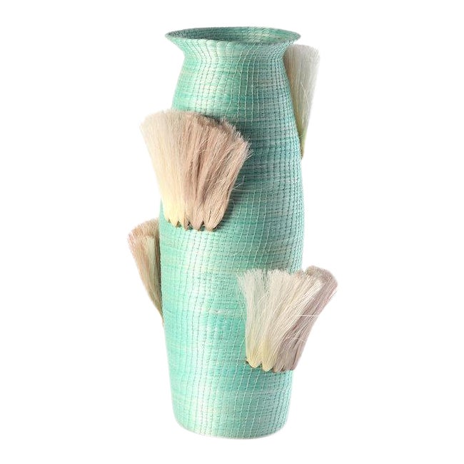 Fanned Out Large Tall Vase Turquoise & Flax Fans | Chairish