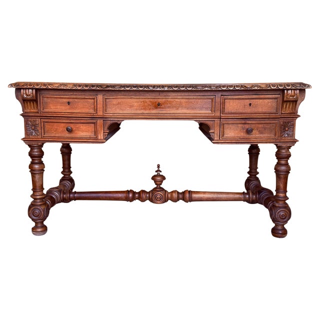 19th Century Spanish Two Faces Baroque Style Oak Library Table or Desk ...