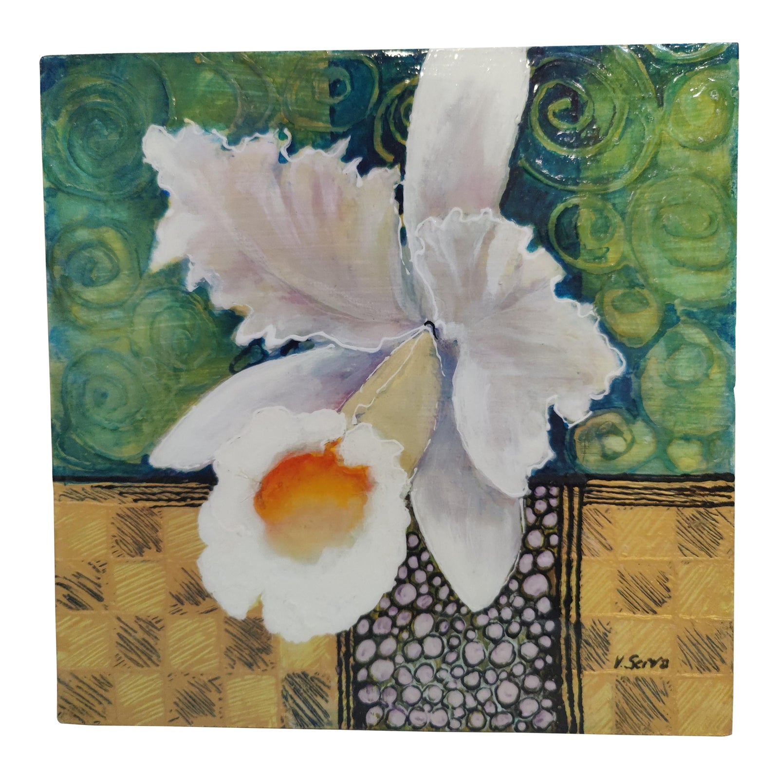 Vintage 1990's Signed Vicki Serva Botanical Geometric Orchid Mid ...