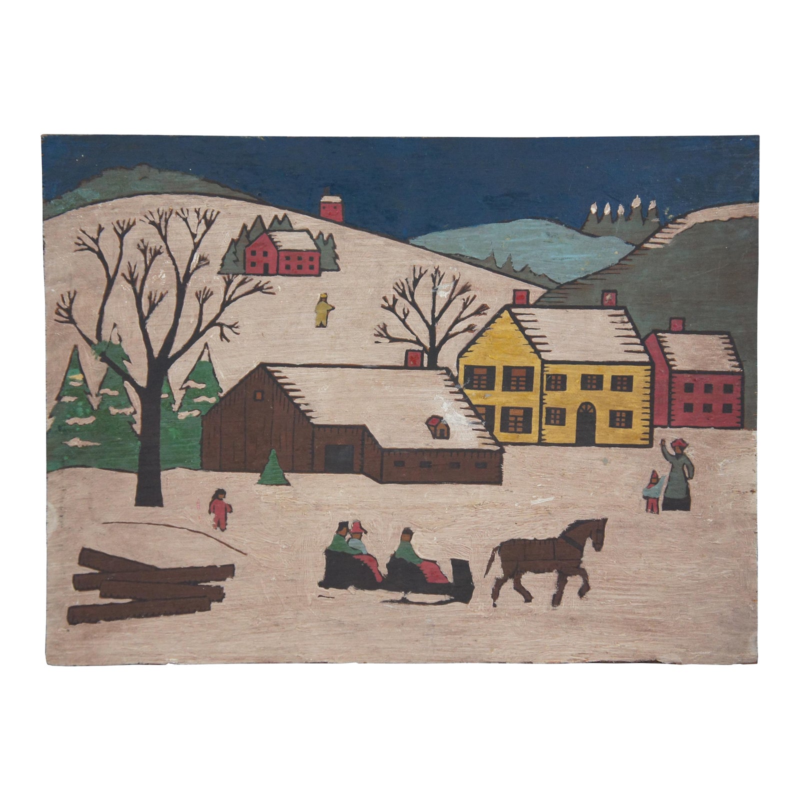 Late 20th Century American Folk Art Winter Landscape Sleigh Ride Horse ...