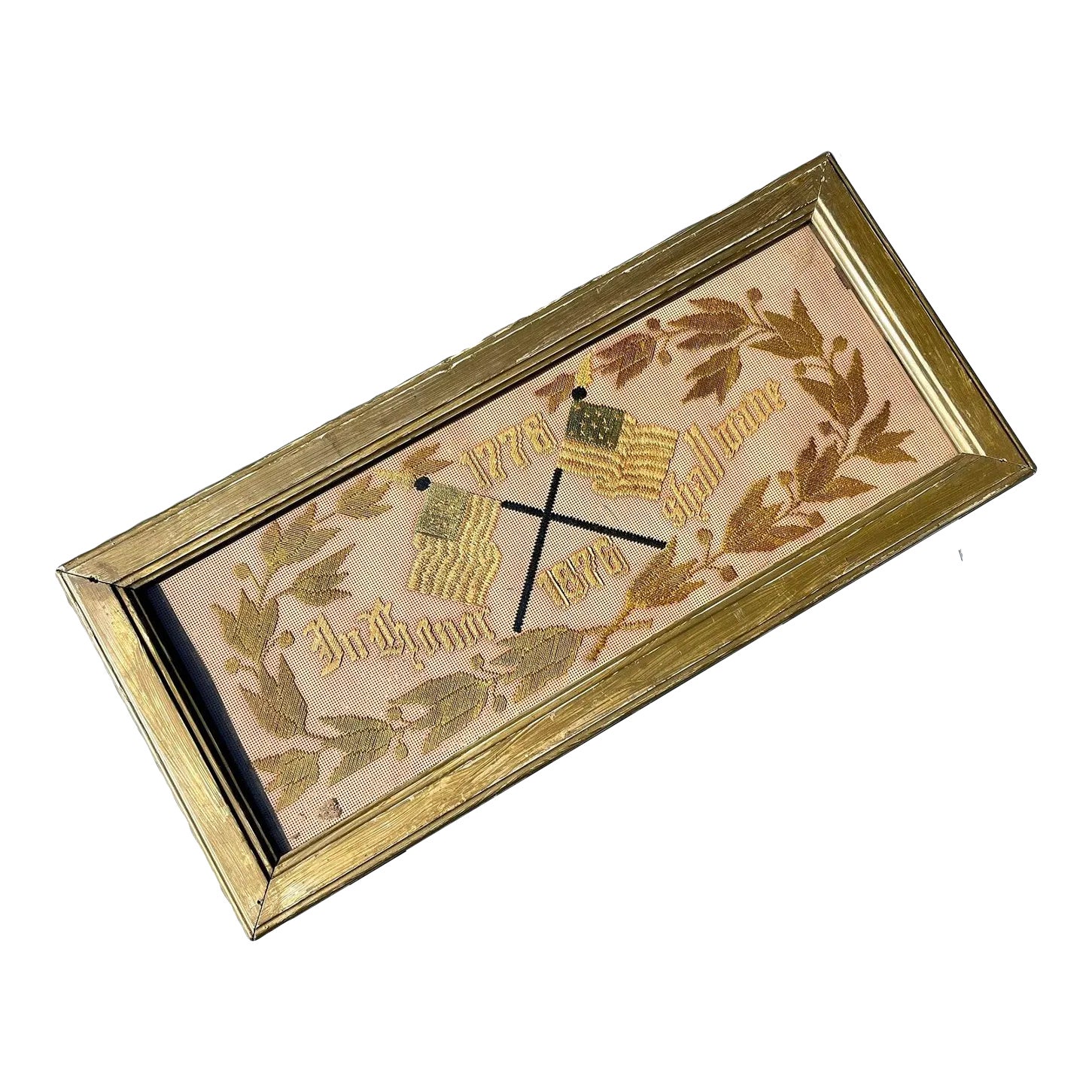 1876 Centennial Needlepoint in Gold Leaf Antique Frame | Chairish