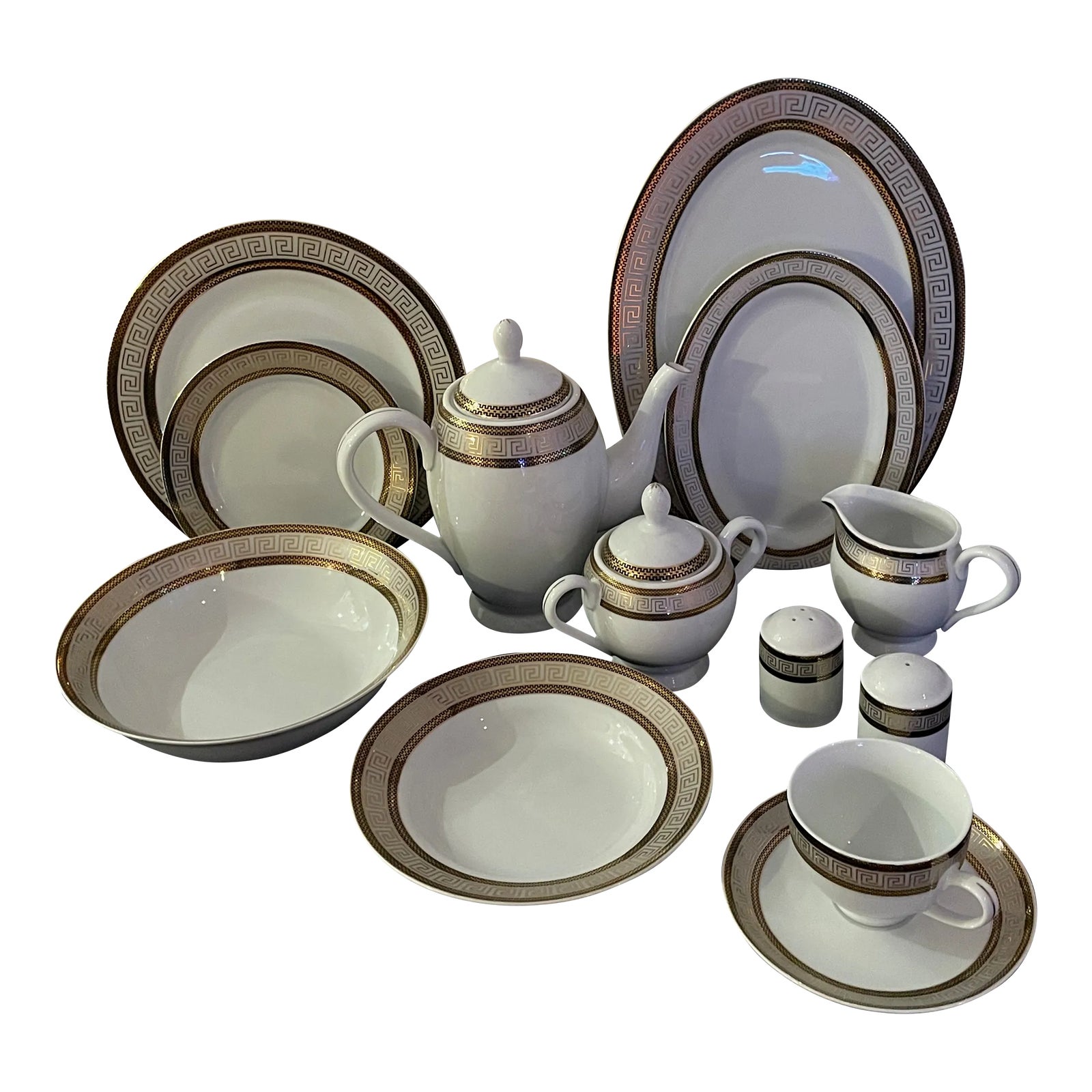 Vintage Fine Porcelain Gold and Black Greek Key Dinnerware Set for 8 ...