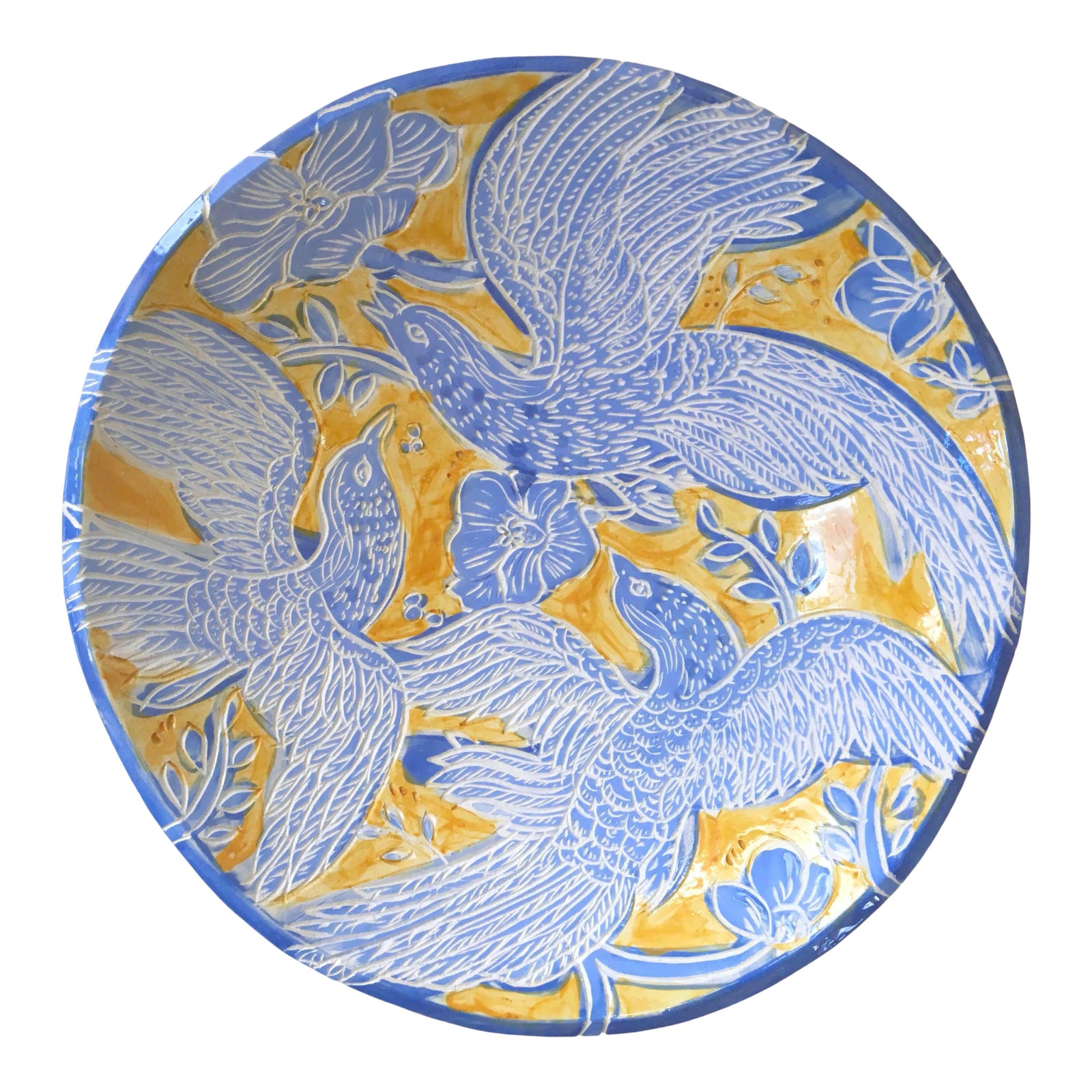 Yellow Blue Bird Ceramic Pottery Bowl | Chairish