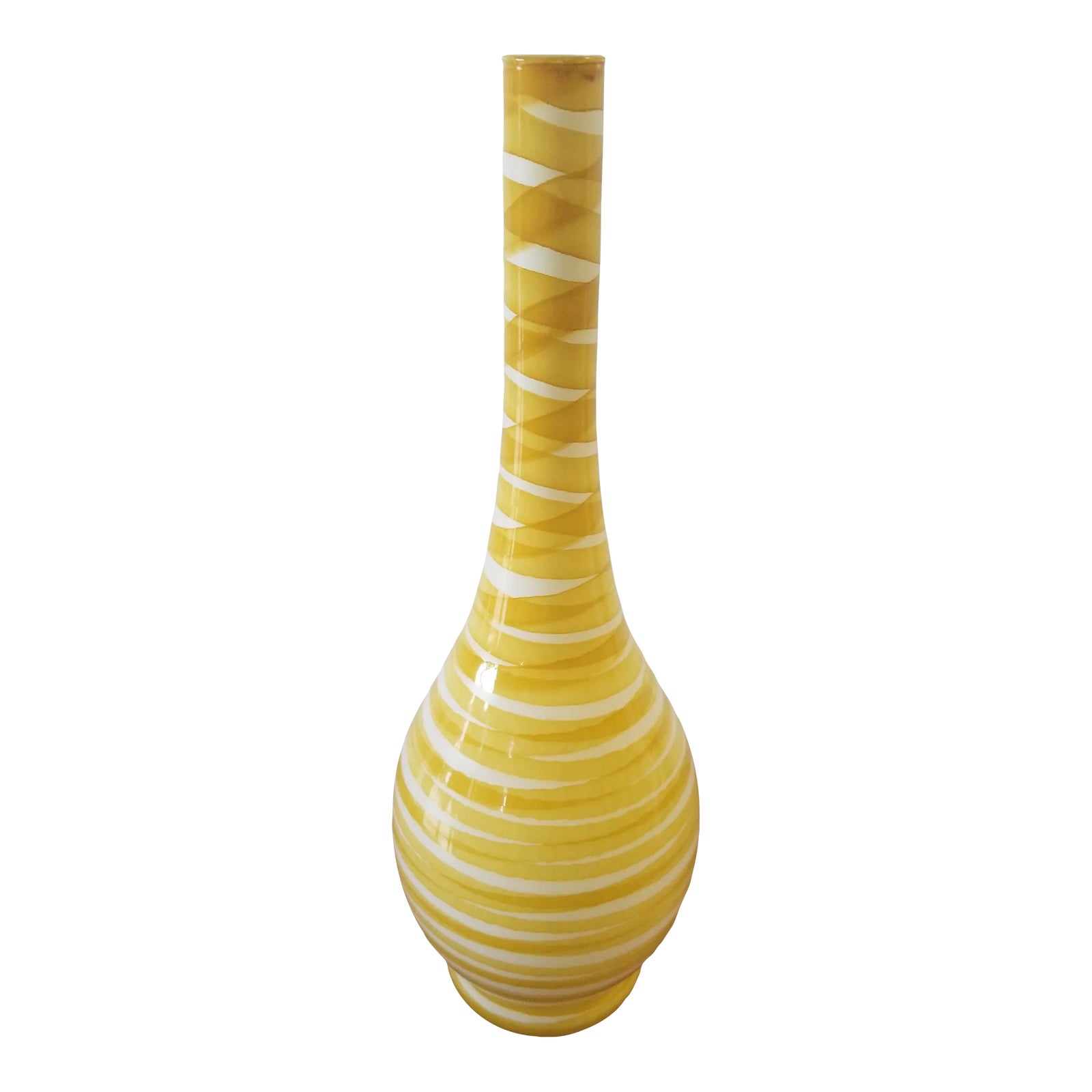 Mid 20th Century Yellow and White Cold Painted Thin Neck Vase | Chairish