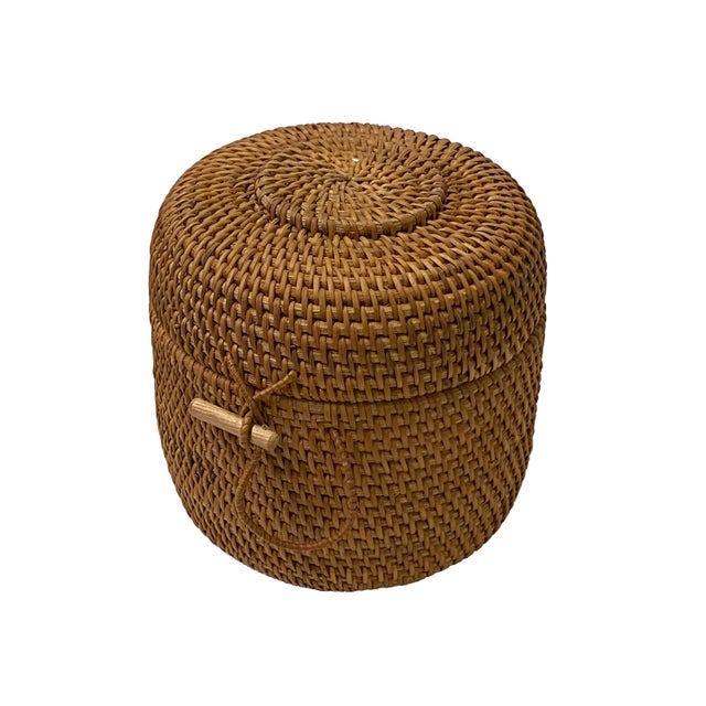 Asian Handmade Rustic Brown Rattan Round Accent Storage Box | Chairish