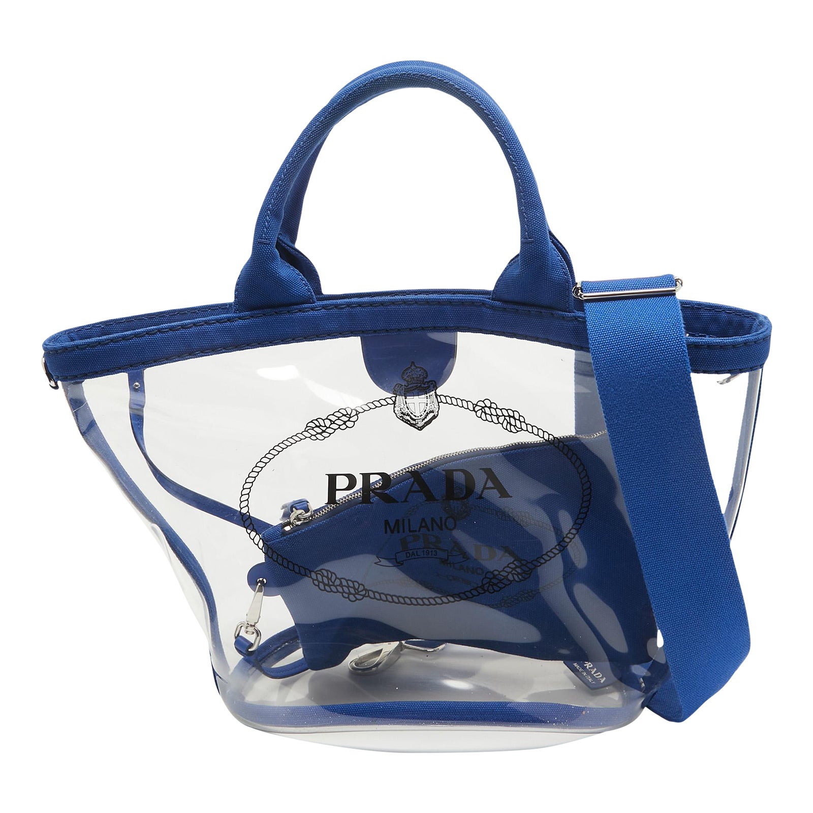 Prada Blue/Transparent Pvc And Canvas Logo Tote | Chairish
