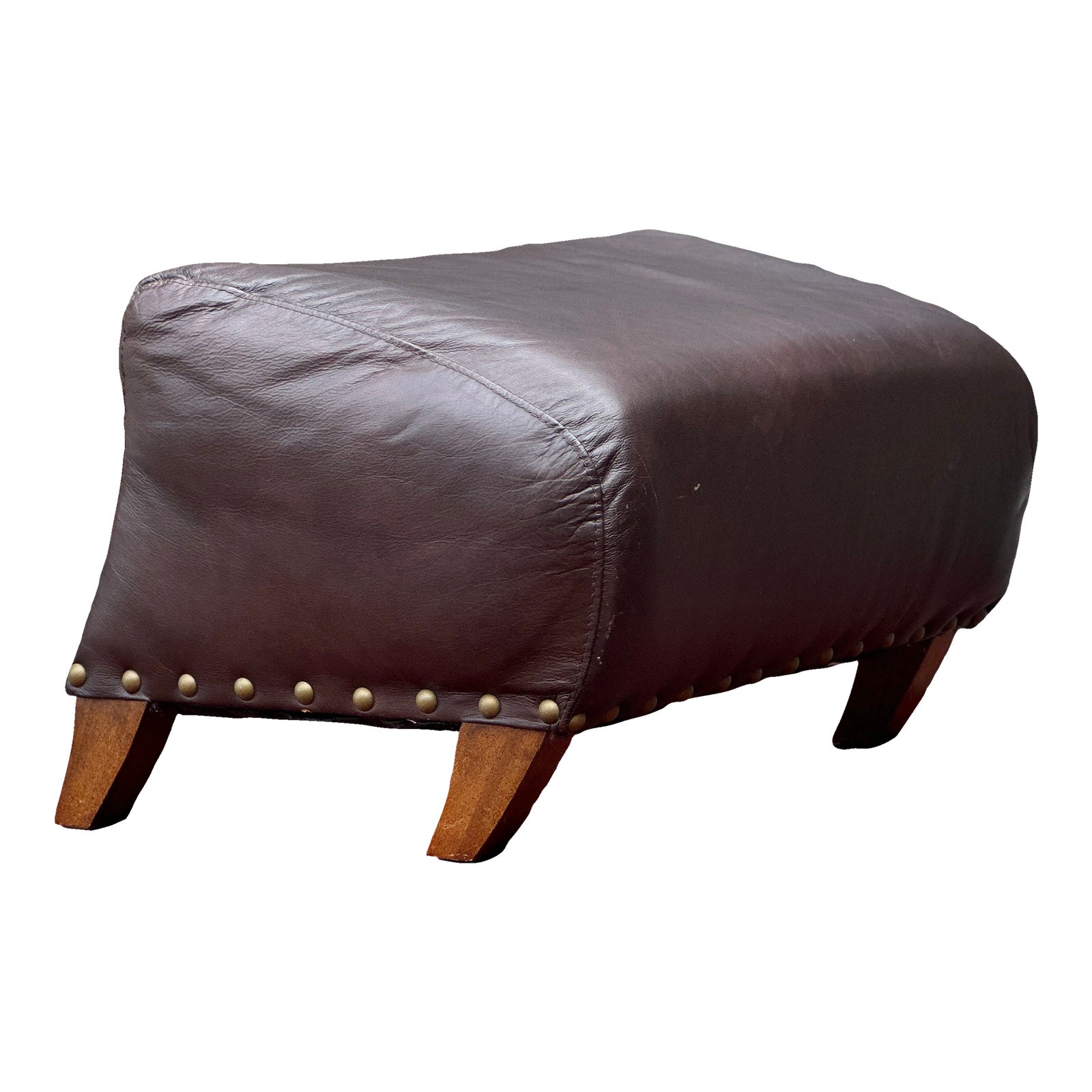 Vintage Brown Leather Sloped Ottoman Leg Rest With Large Brass Tacks ...