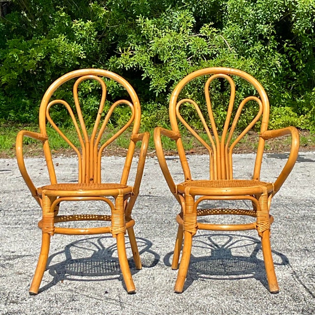 Vintage Coastal Loop Rattan and Cane Arm Chairs - a Pair | Chairish