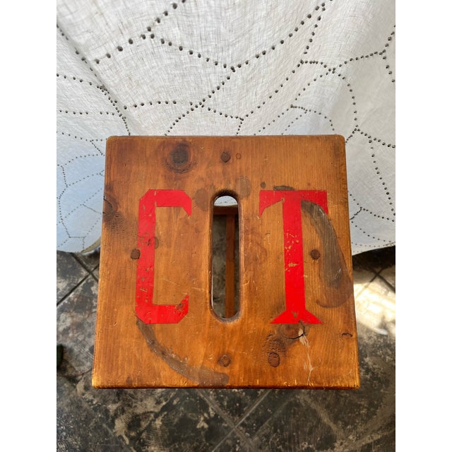 Late 20th Century Vintage Wood Stool With Printed Letters | Chairish