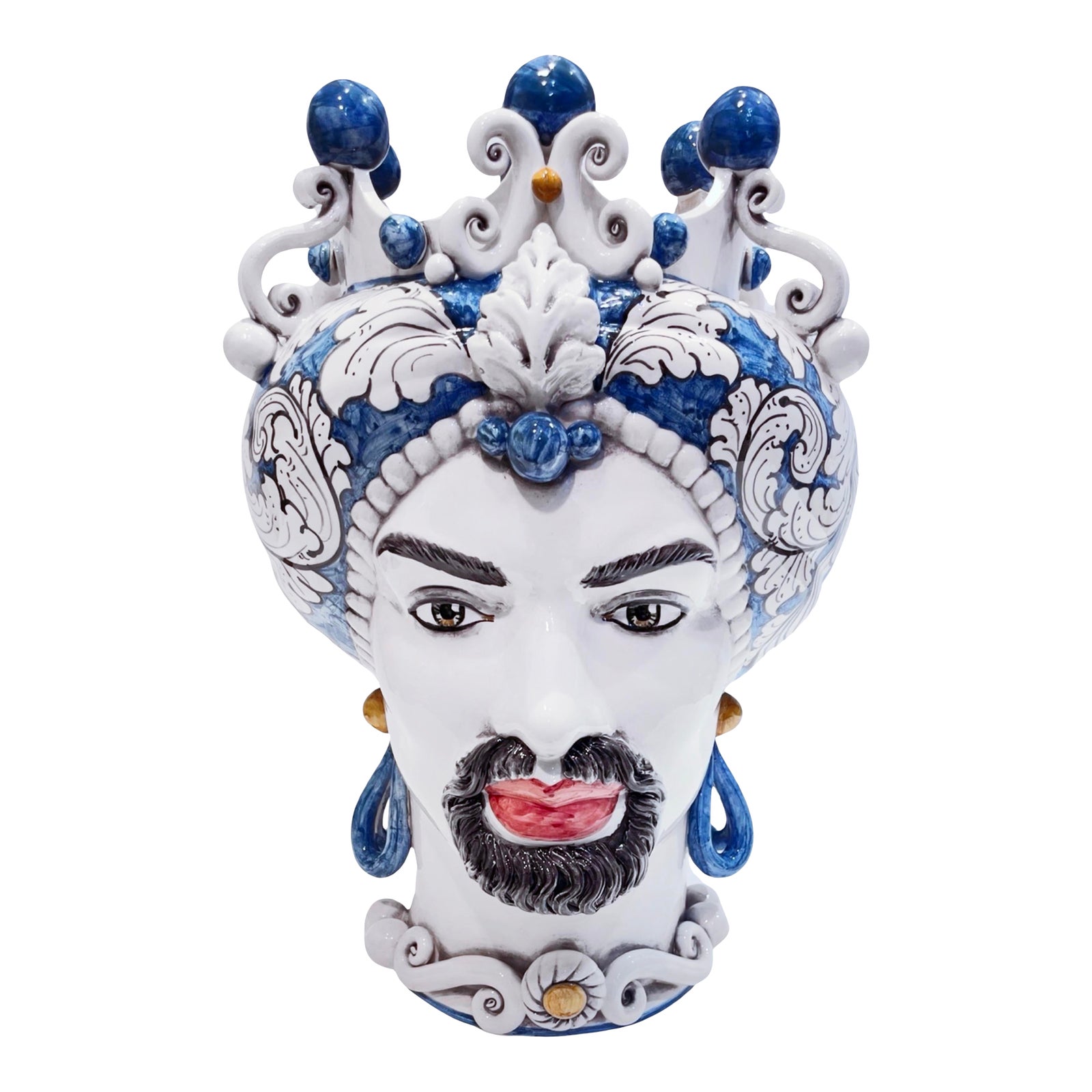 Modern Moro Blue Flourish Ceramic Moorish Head Vase Sculpture - Large ...