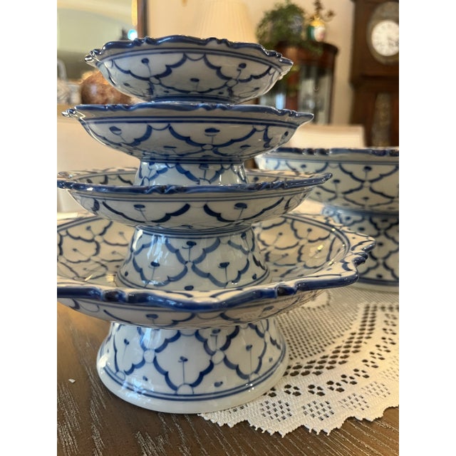 Asian Blue and White Pedestal Nesting Bowls- 5 Pieces | Chairish