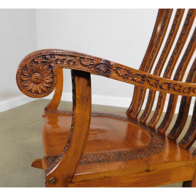 Vintage Indian Carved Hardwood Brass Inlaid Rocker | Chairish