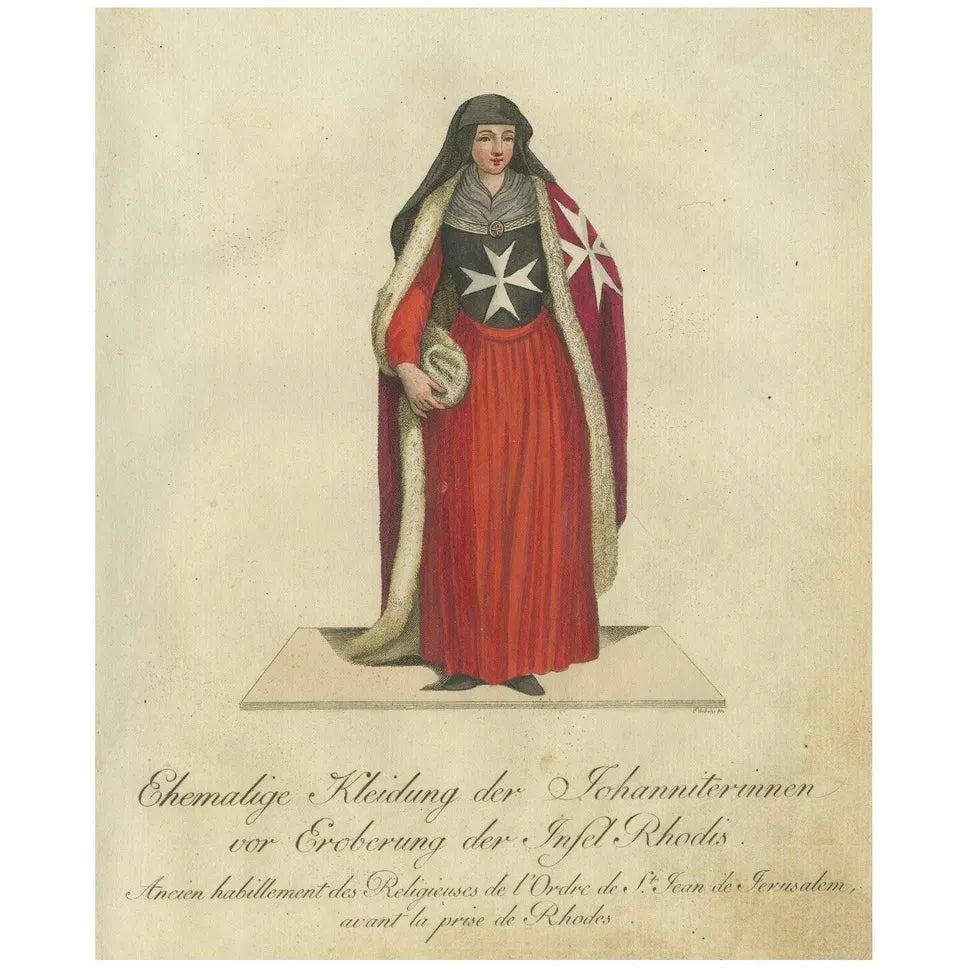 Schwan, Pre-Rhodes Hospitaller Nun: 1791 Colored Engraving of Historic ...