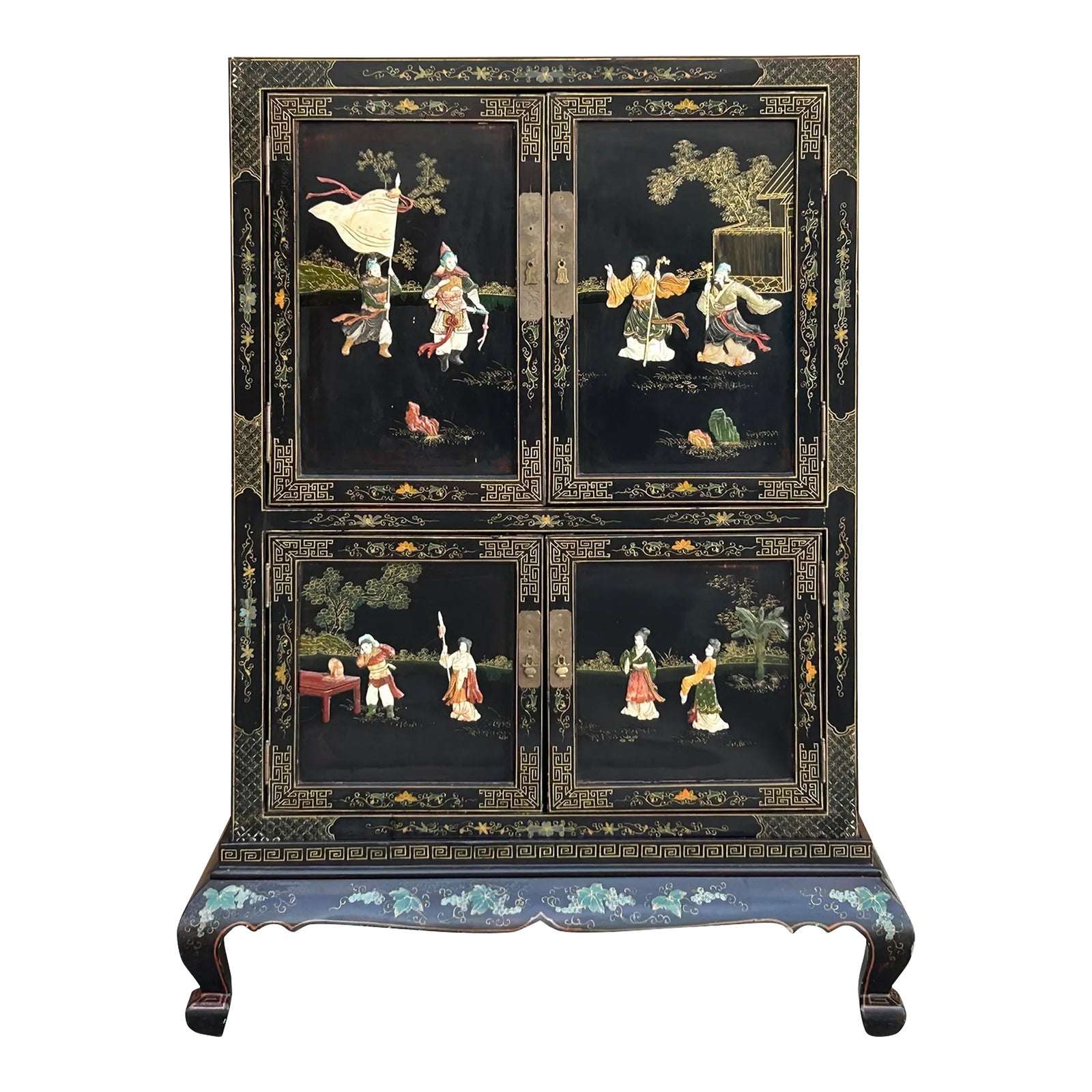 Vintage Chinoiseries Black & Stone Inlay Graphic Credenza Storage ...