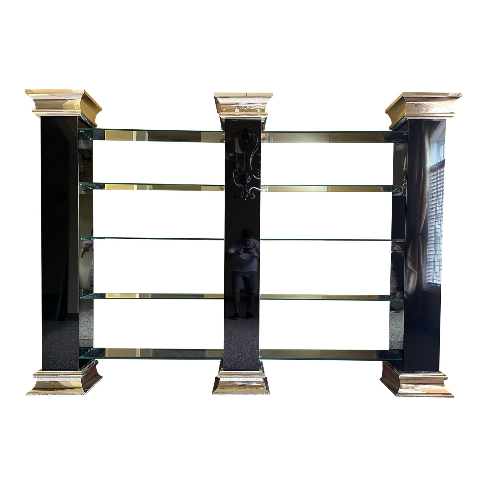 1990s Art Deco Black Mirrored Pillar Chrome and Glass Shelving Display ...