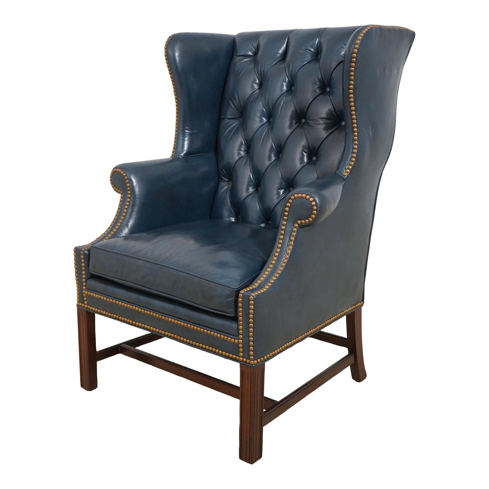 Sherrill Tufted Blue Leather Wing Back Chair | Chairish