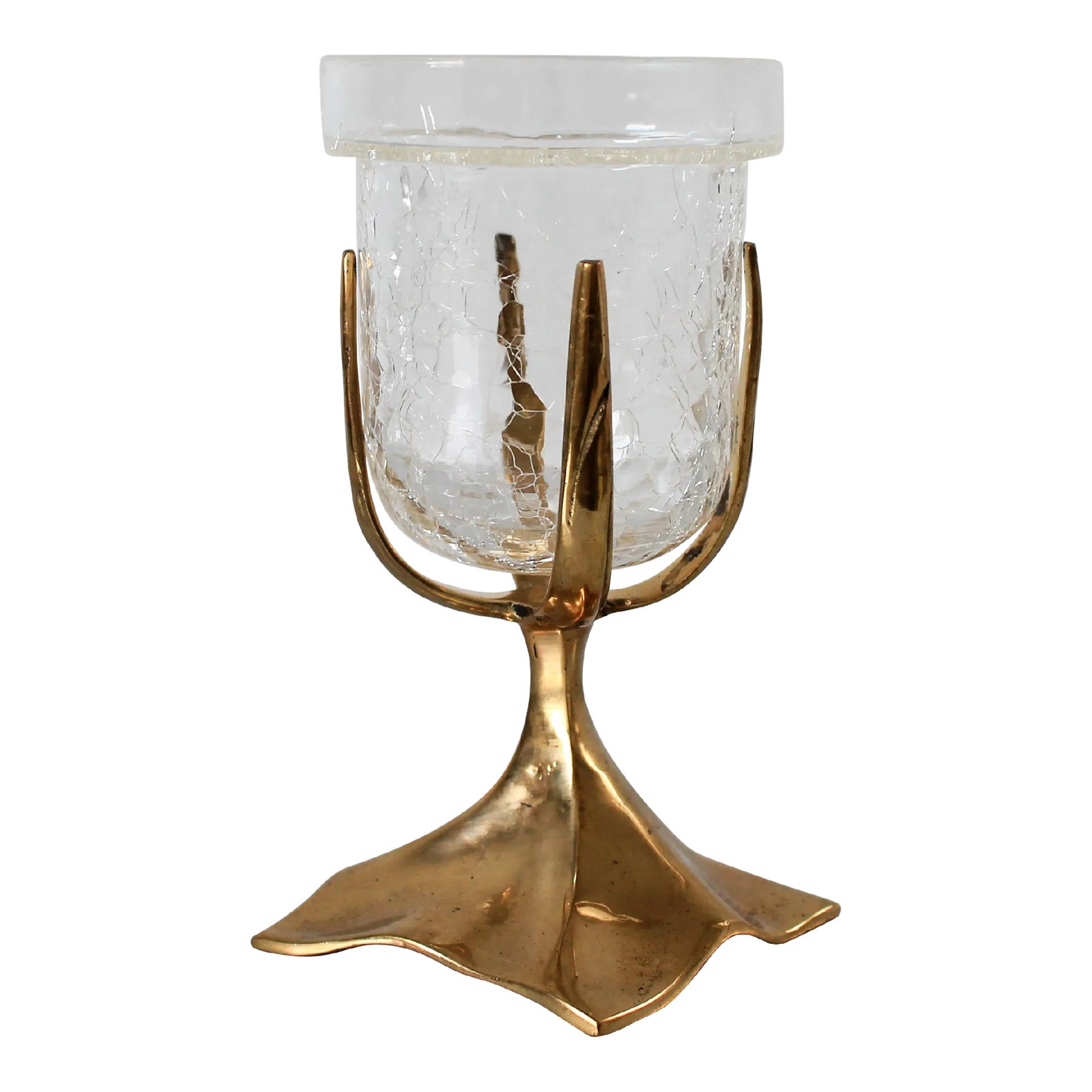 Vintage Brass and Crackle Glass Candle Holder | Chairish