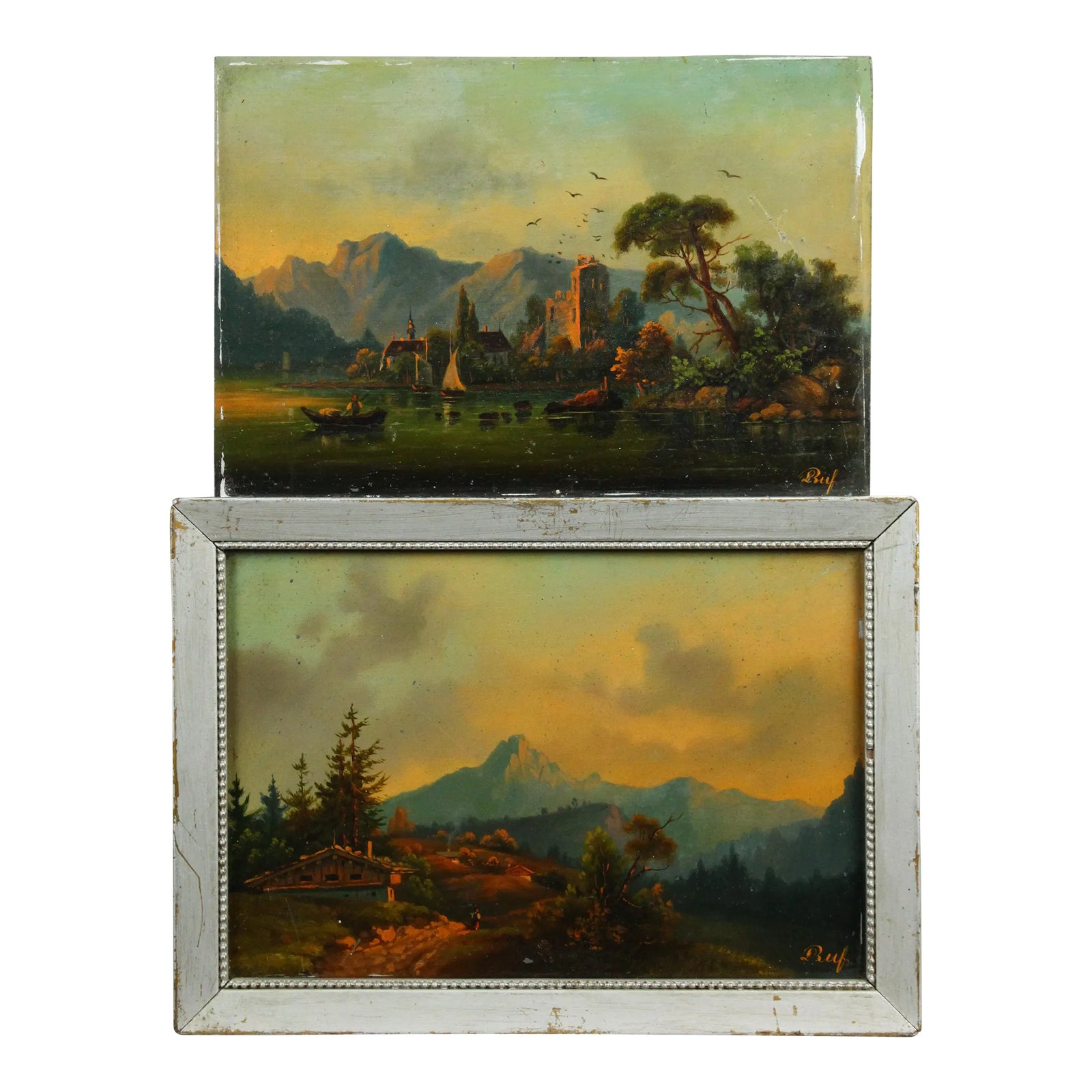 19th Cen. German School Pair Oil on Tin Tyrolean Landscapes, Signed & Dated 1887 | Chairish