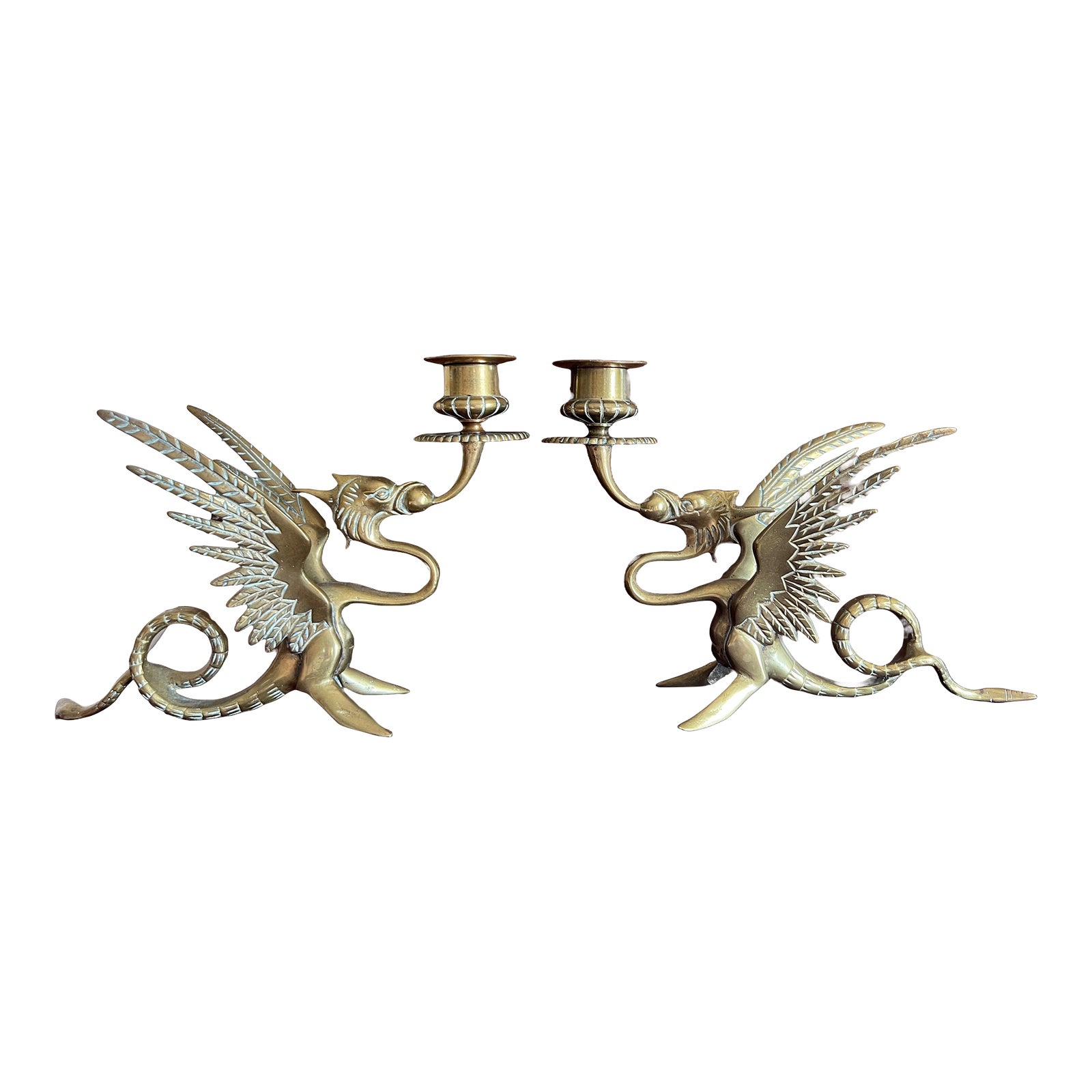 Antique Gilded Bronze Phoenix Dragon Candlestick Holders- a Pair | Chairish