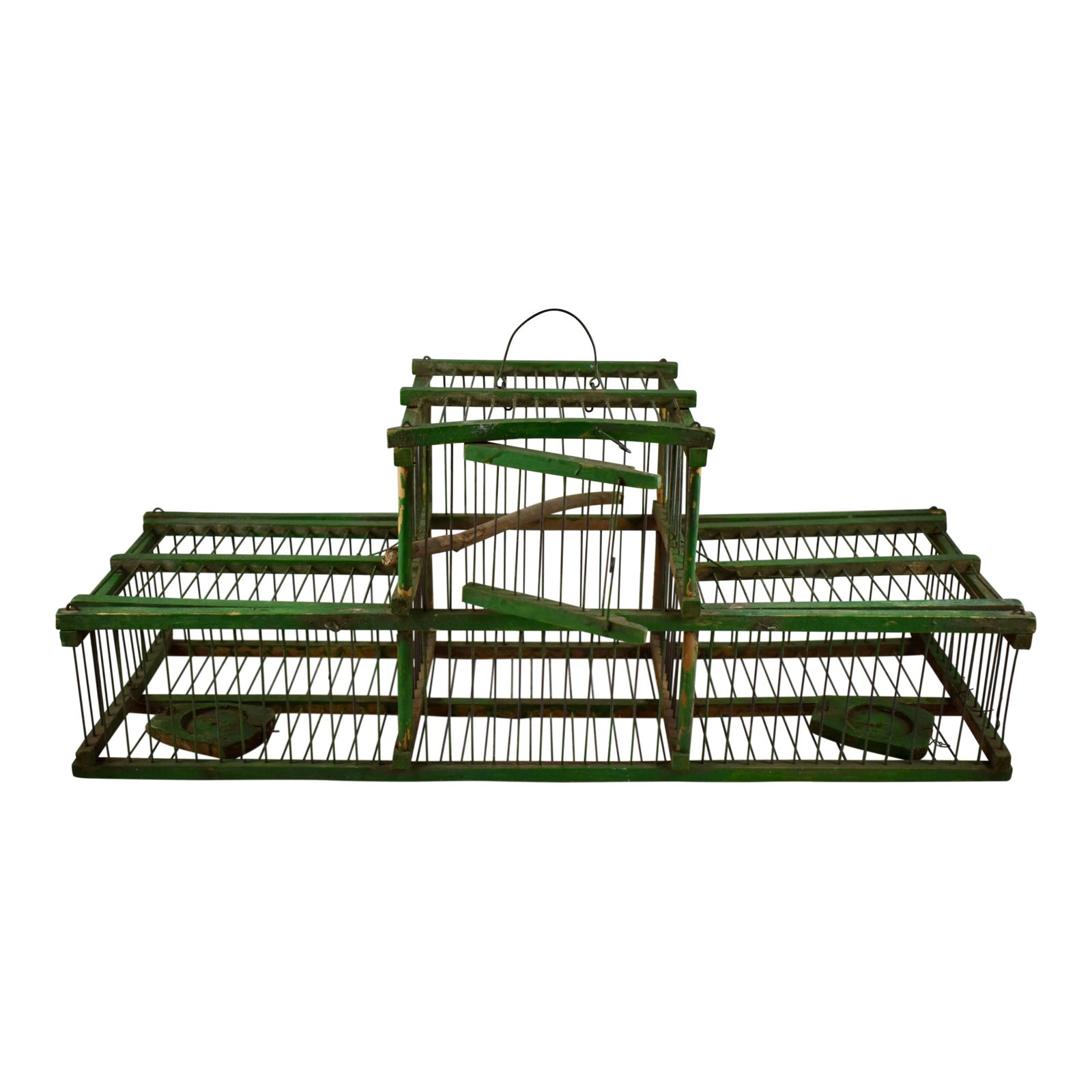 French Green Painted Rustic Handmade Double Finch Bird Cage | Chairish