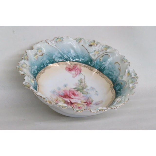Rs Prussia Style Large Porcelain Floral Pink Roses Blue Bowl | Chairish
