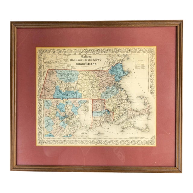 19th Century American Lithograph Map of Massachusetts and Rhode Island ...