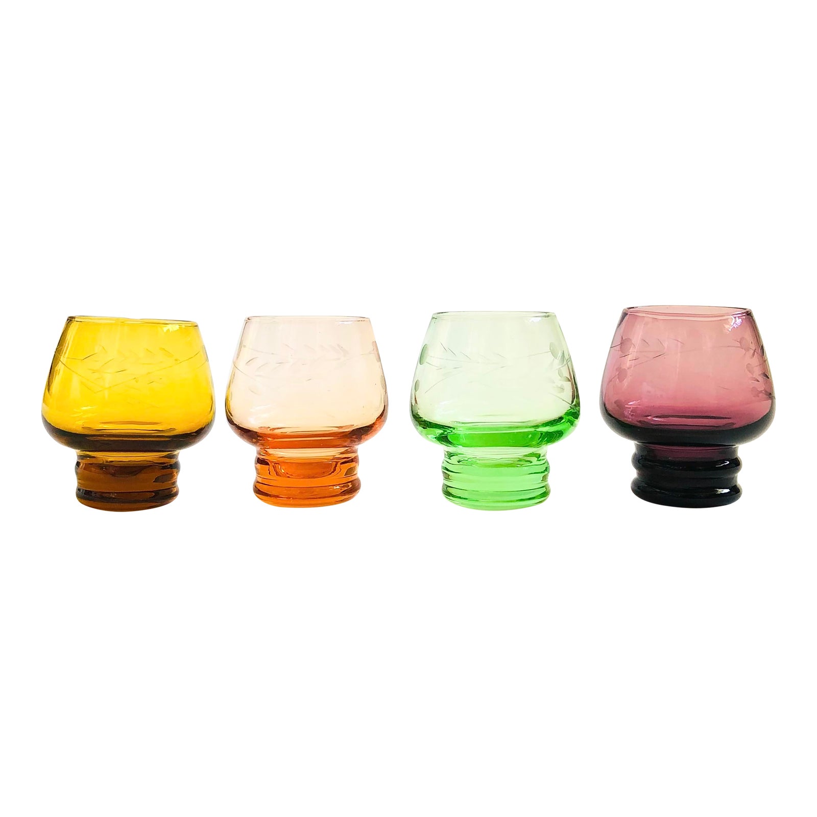 Colorful Etched Glass Cordials - Set of 4 | Chairish