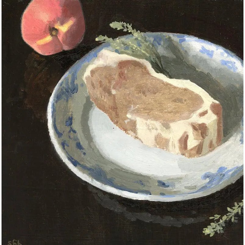 Original Still Life Oil Painting: Pork Chop and Peach | Chairish