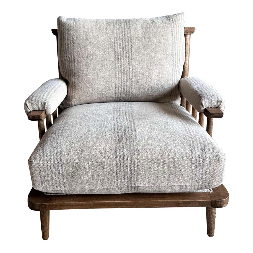 Frances Solid Oak Chair in Stripe Stone Washed Linen | Chairish